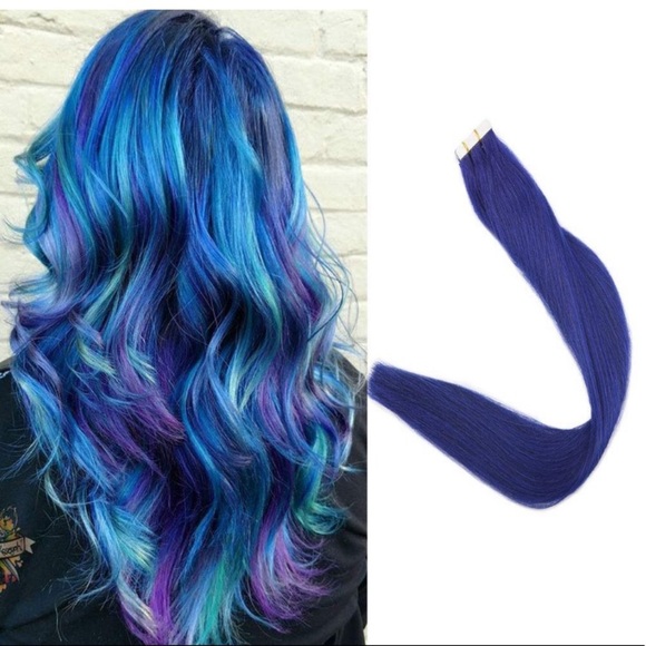 Accessories | 18 Blue Human Hair Tape In Hair Extensions Nwt | Poshmark